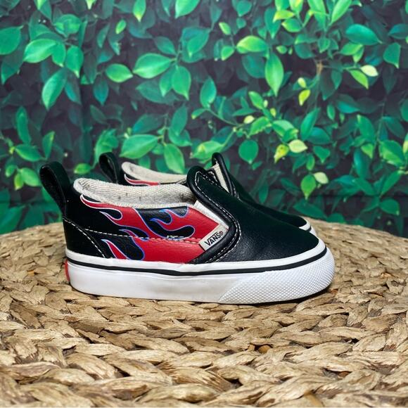 Vans | Shoes | Vans Slip On Red Blue Flame Black 5c | Poshmark